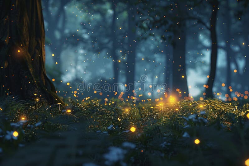 Ai Generative Forest Filled with Firefly Light Stock Illustration ...