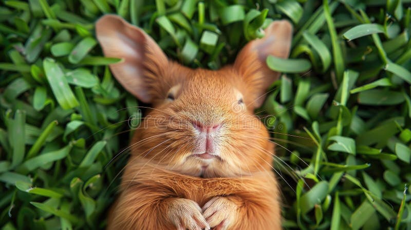 A Ginger Rabbit Lying Down in the Grass, Seen from Above. Stock Image ...
