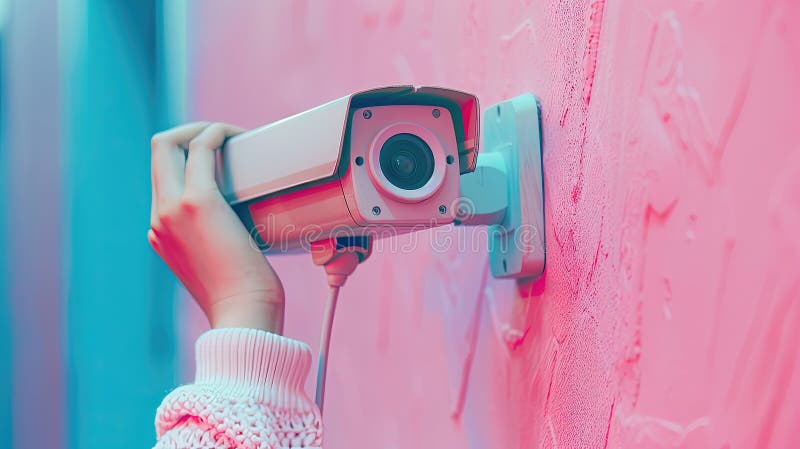 Hand Adjusting a Modern Security Camera on a Colorful Wall. Stock Image ...