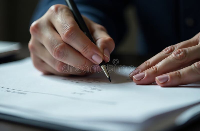 Hand Hold Pen and Sign Document, Businessman Workplace Desk. AI ...