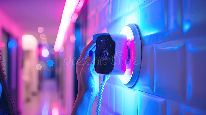 Hand Installing a Security Camera with Neon Light Reflections. Stock ...