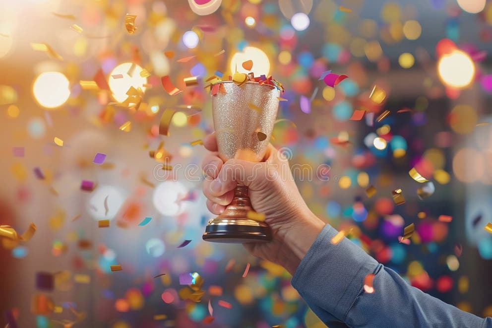 Ai Generative Hand Raised Trophy Full of Confetti Stock Illustration ...