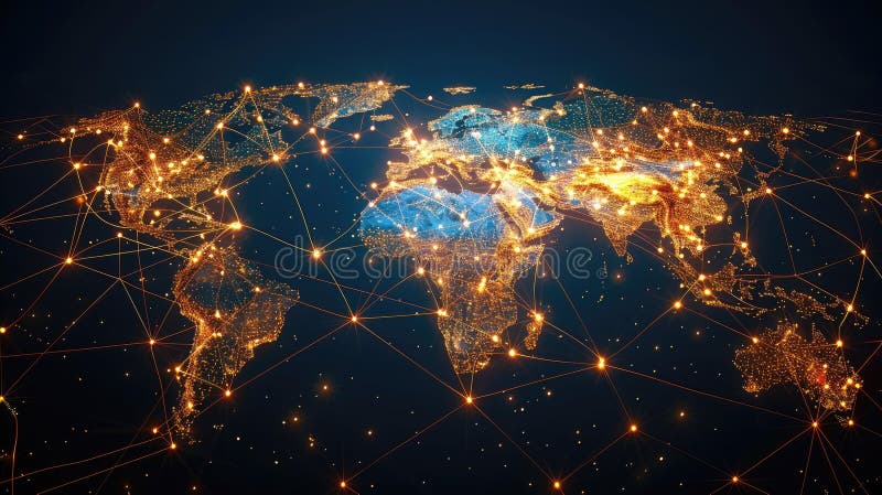 Illuminated Network Lines Connecting Over a Global Map at Night. Stock ...
