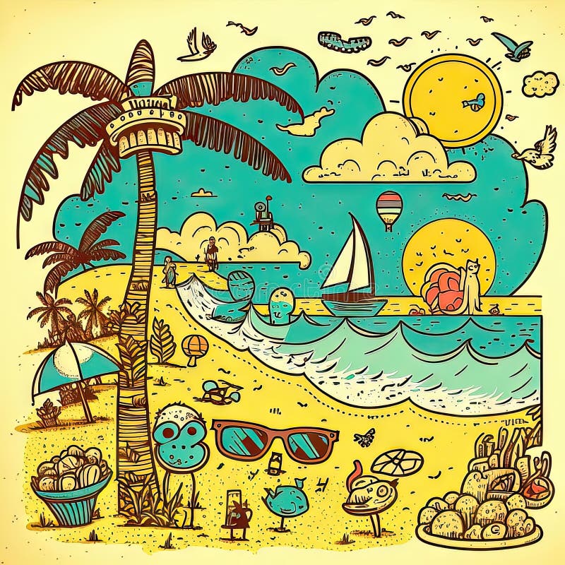 AI Generative Illustration of Beach and Summer Vacation. Doodle Style ...