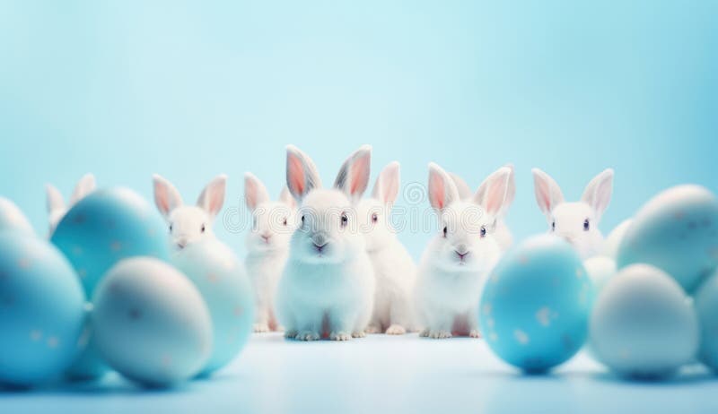 Illustration of a Group of White Easter Bunnies and Blue Easter Eggs on ...