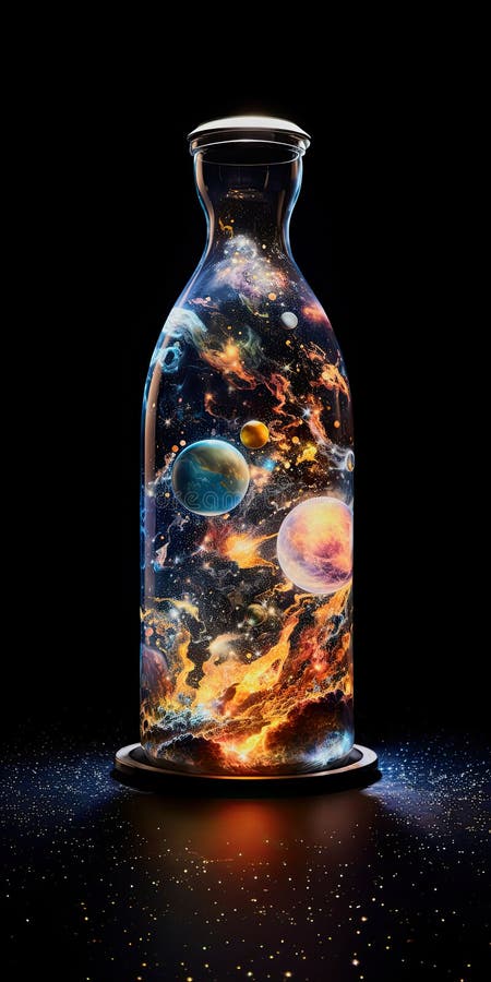 Illustration of Strange Galactic Planets Inside a Glass Bottle Against ...