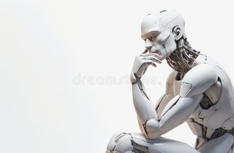 Illustration of a White Robot in a Thinking Pose, Copy Space Stock ...