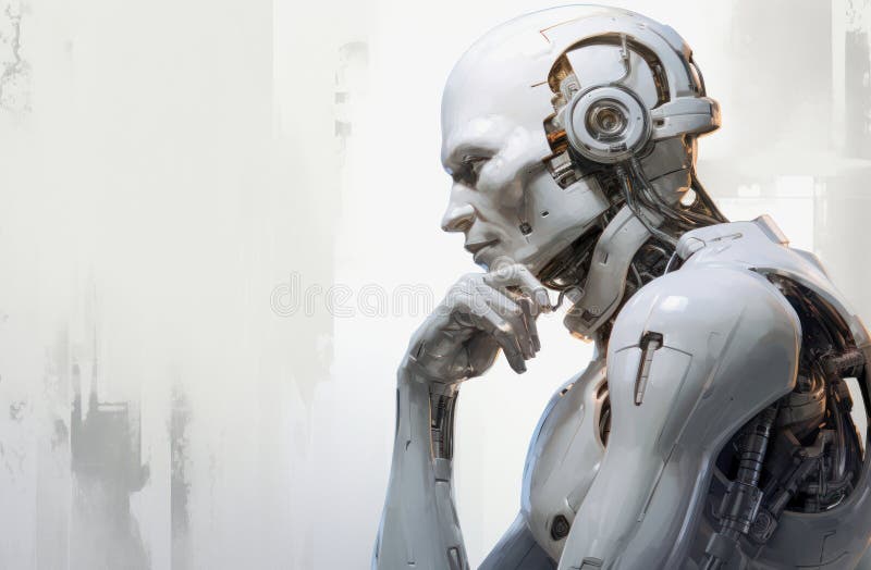Illustration of a White Robot in a Thinking Pose, Copy Space Stock ...