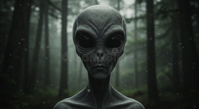 Mysterious AI Generative Alien in a Dark Forest Stock Illustration ...