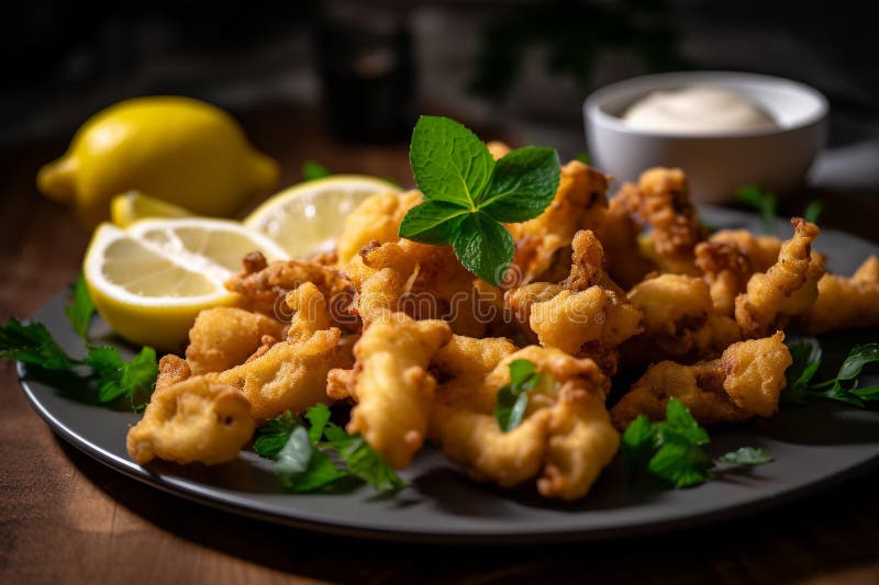 Crispy fried calamari stock illustration. Illustration of lemon - 276285804