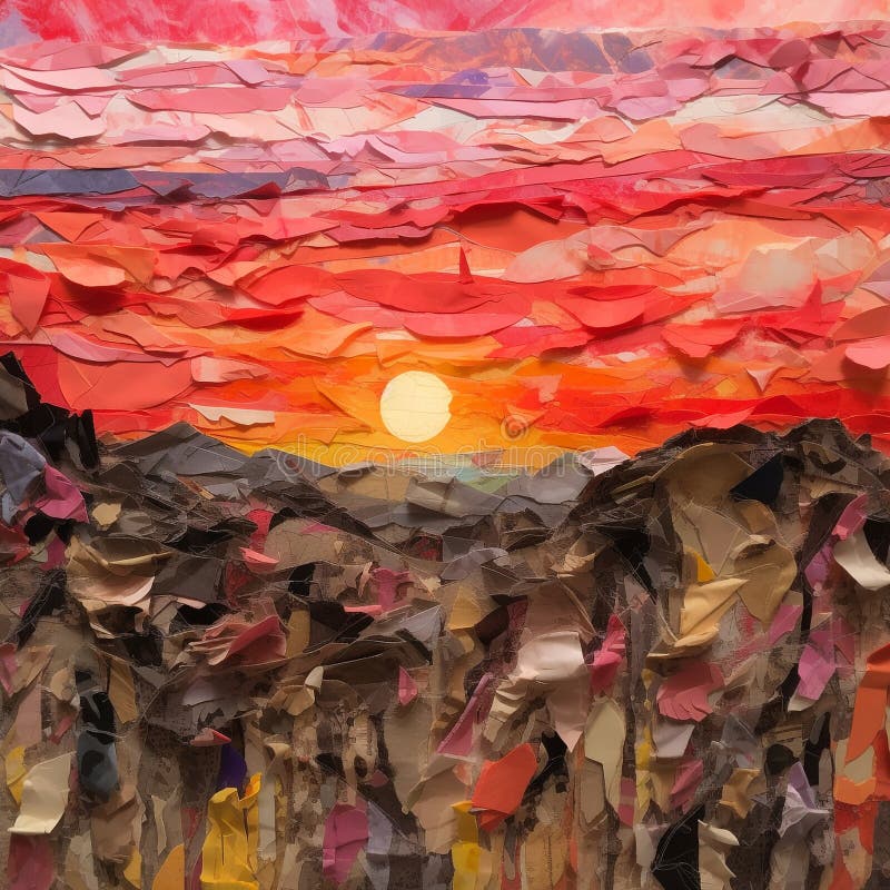 A Sunset with Torn Paper Layers Stock Illustration - Illustration of ...