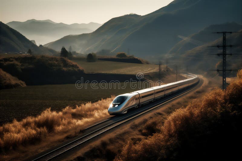 AI Generative Image of High-speed Bullet Train Speeding through Green ...