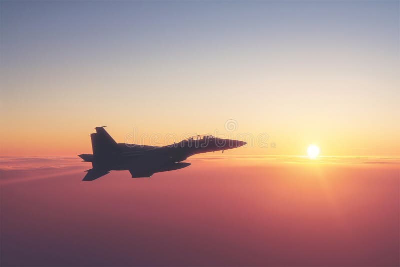 Fighter jet on sunset stock illustration. Illustration of airforce ...