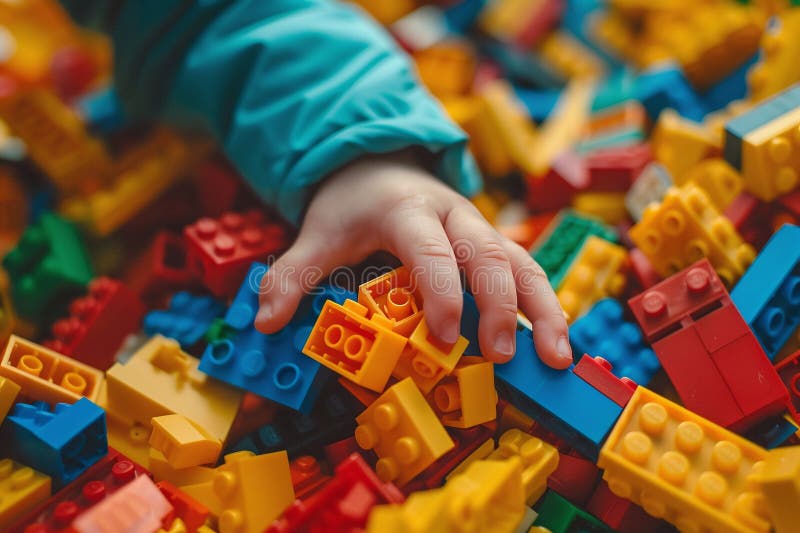 Ai Generative Kid Hand Playing Colorful Bricks Toy Stock Illustration ...