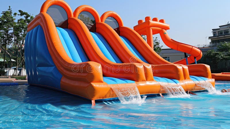 Large Inflatable Slide at a Public Pool. Stock Image - Image of game ...