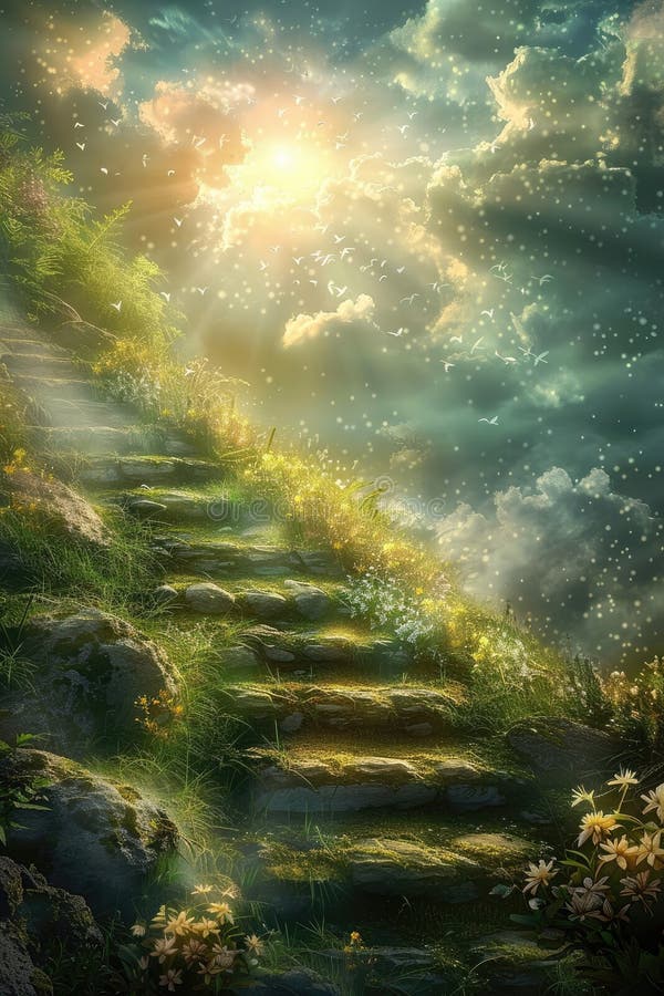 Magical Stone Path with Sunbeams and Floating Sparkles in a Fairytale ...