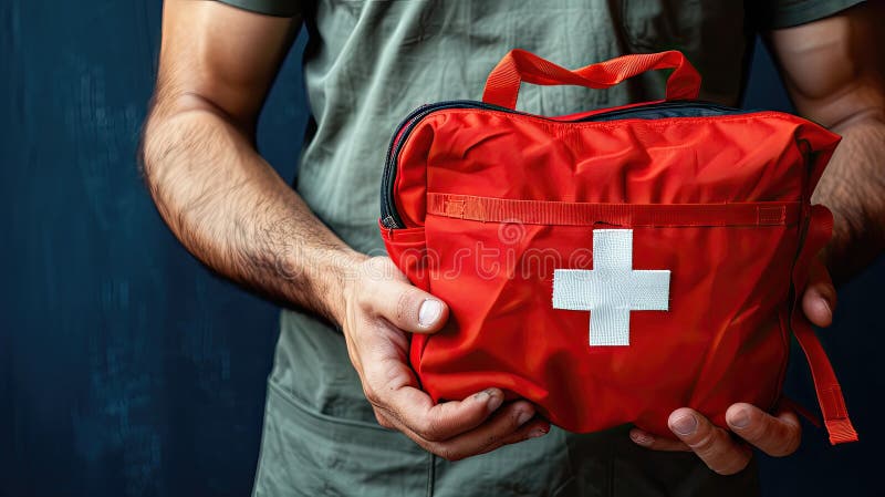 Man Presenting a Red First Aid Kit with a Confident Grip. Stock ...