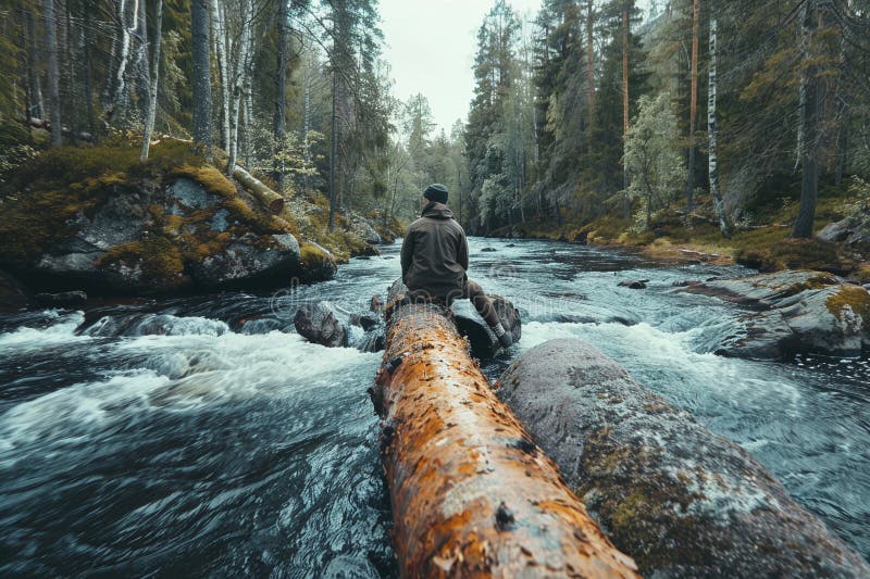 Ai Generative Man Riding a Log on the River Stock Illustration ...