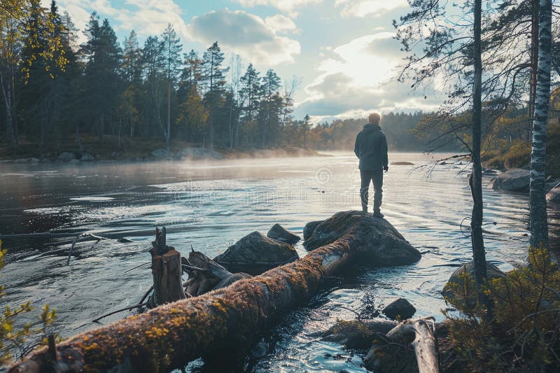Ai Generative Man Riding a Log on the River Stock Illustration ...
