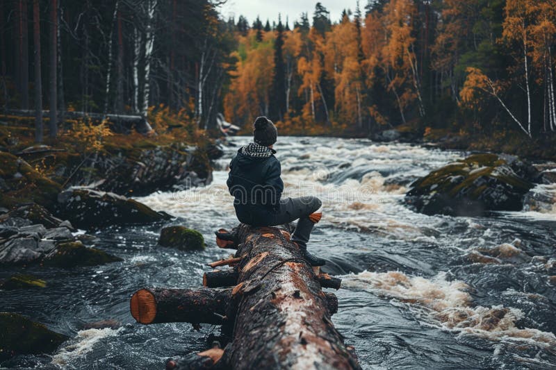 Ai Generative Man Riding a Log on the River Stock Illustration ...