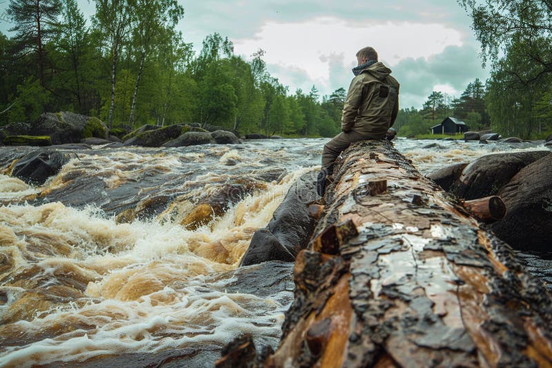 Ai Generative Man Riding a Log on the River Stock Illustration ...