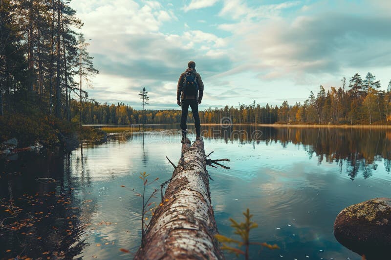 Ai Generative Man Riding a Log on the River Stock Illustration ...