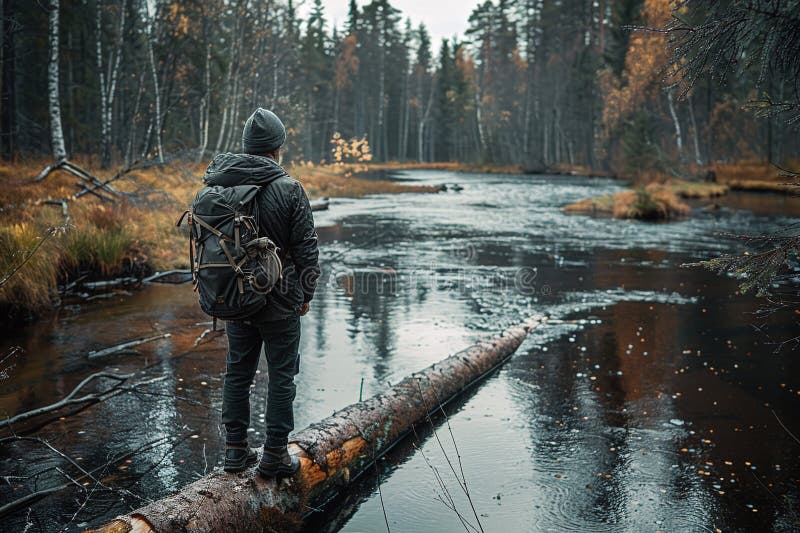 Ai Generative Man Riding a Log on the River Stock Illustration ...