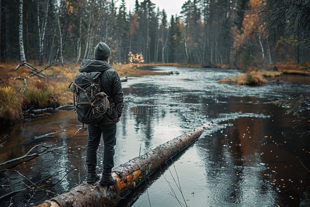 Ai Generative Man Riding a Log on the River Stock Illustration ...