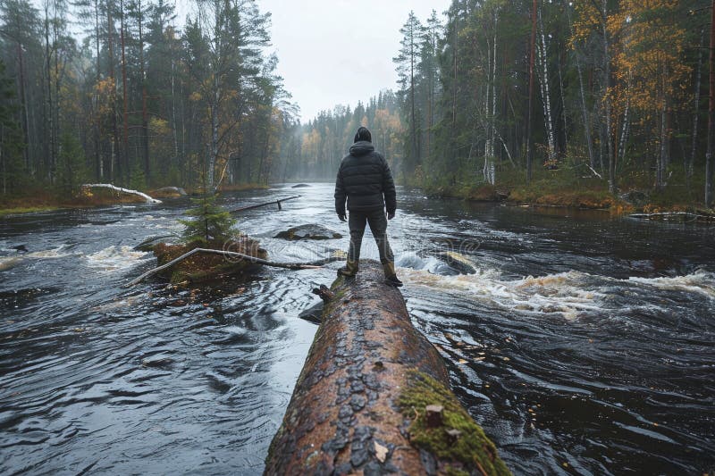 Ai Generative Man Riding a Tree Log on the River Stock Illustration ...