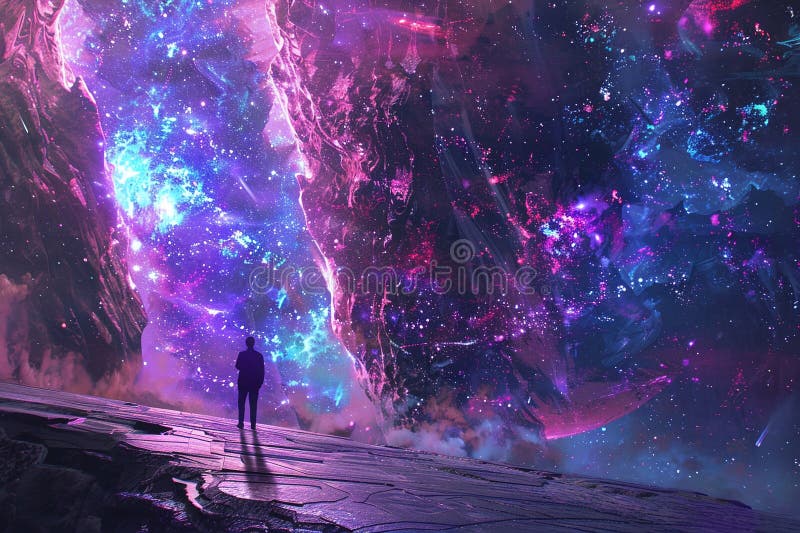 Ai Generative Man Standing in Beautiful Outer Space Stock Illustration ...