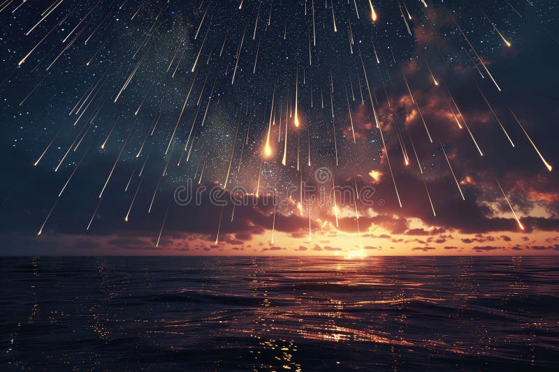 Ai Generative Meteor Shower Over the Ocean Stock Illustration ...
