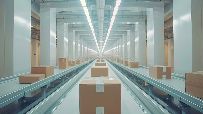 Multiple Conveyor Belts with Boxes in a Modern Distribution Warehouse ...
