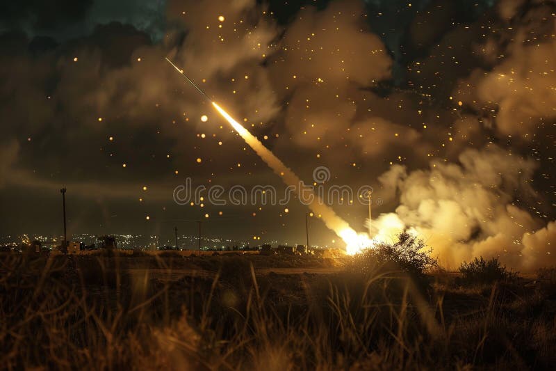 Ai Generative Multiple Rocket Launches at Night Stock Illustration ...