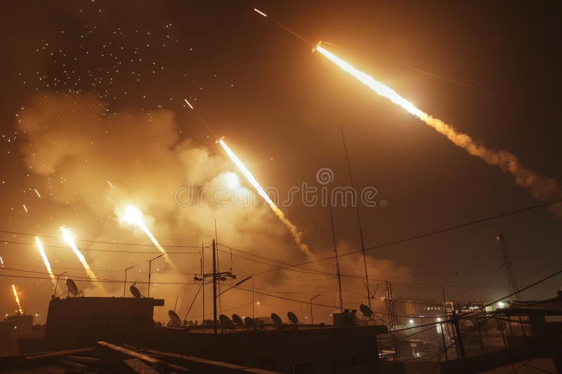 Ai Generative Multiple Rocket Launches at Night Stock Illustration ...