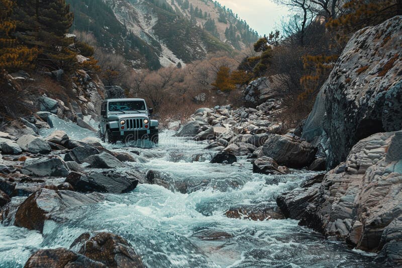 Ai Generative Offroad Car Crossing the River Stock Illustration ...