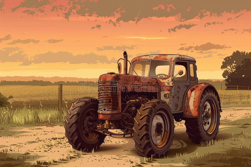 Ai Generative Painting of Old Rusty Tractor on Farm Stock Illustration ...