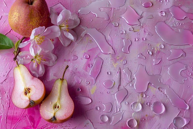 Ai Generative Pear Halves with Water Drop Background Pink Texture Stock ...