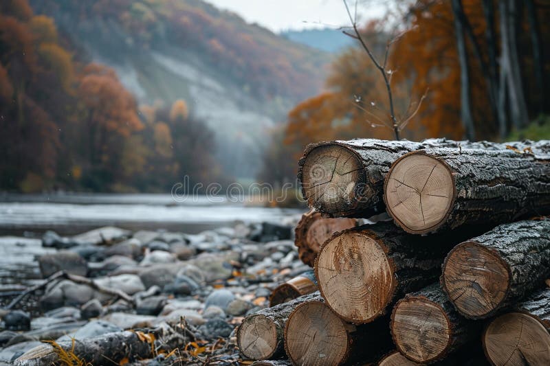 Ai Generative Pile of Tree Logs on the River Bank Stock Illustration ...