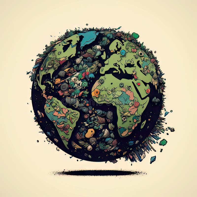 AI Generative Planet Earth Made of Garbage, Doodle Style Illustration ...