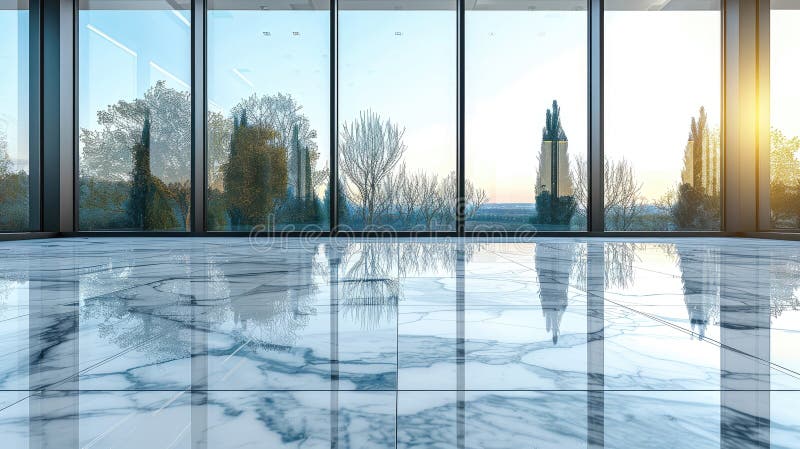 Reflective Marble Floor in a Spacious Room with Large Windows and a ...