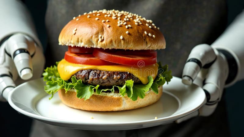 Robot Waiter Artificial Intelligence Hold Plate of Burger in Hand. AI ...