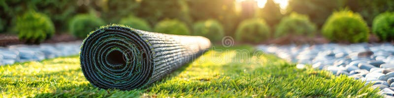 A Roll of Artificial Turf is Laying on the Grass in a Yard Stock Photo ...