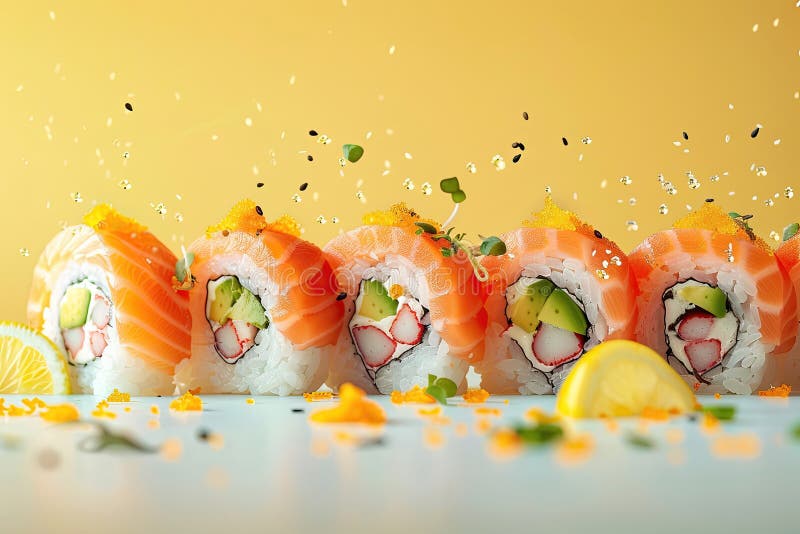 Row of Sushi Rolls with Dynamic Splashes and Garnishes on a Yellow ...