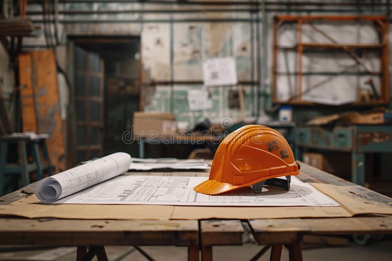 Ai Generative Safety Helmet and Construction Blueprint on the Table ...