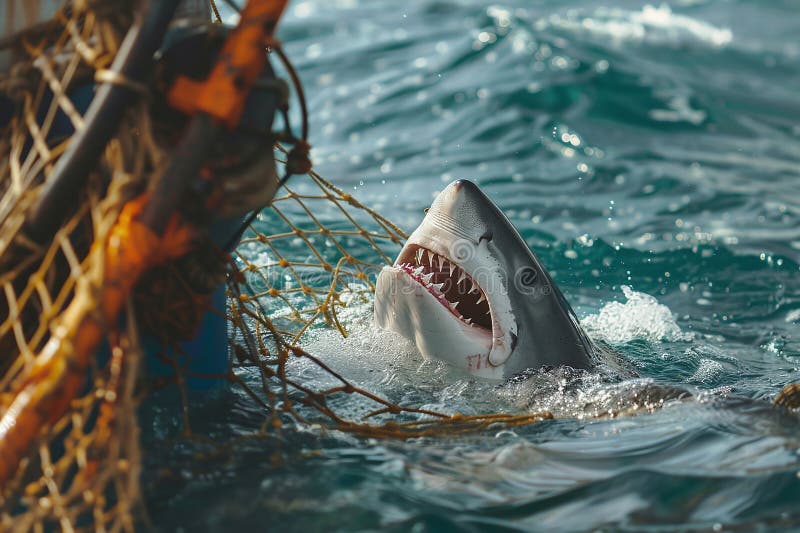 Ai Generative Shark Caught in a Fisherman S Net Stock Illustration ...