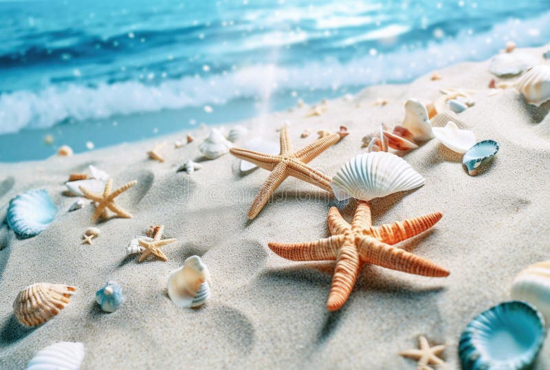 AI Generative. Shells and Starfish on Sandy Beach Stock Illustration ...