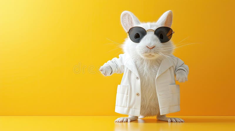 Smart Mouse in Lab Coat Presenting on a Yellow Background. Stock ...