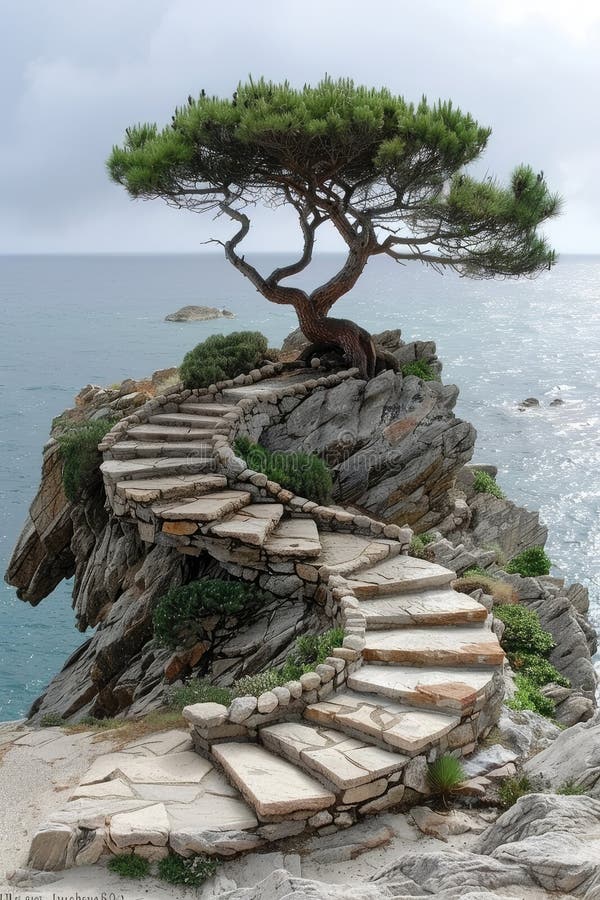 Stone Steps Curve Around a Dramatic Coastal Rock with a Pine Tree ...