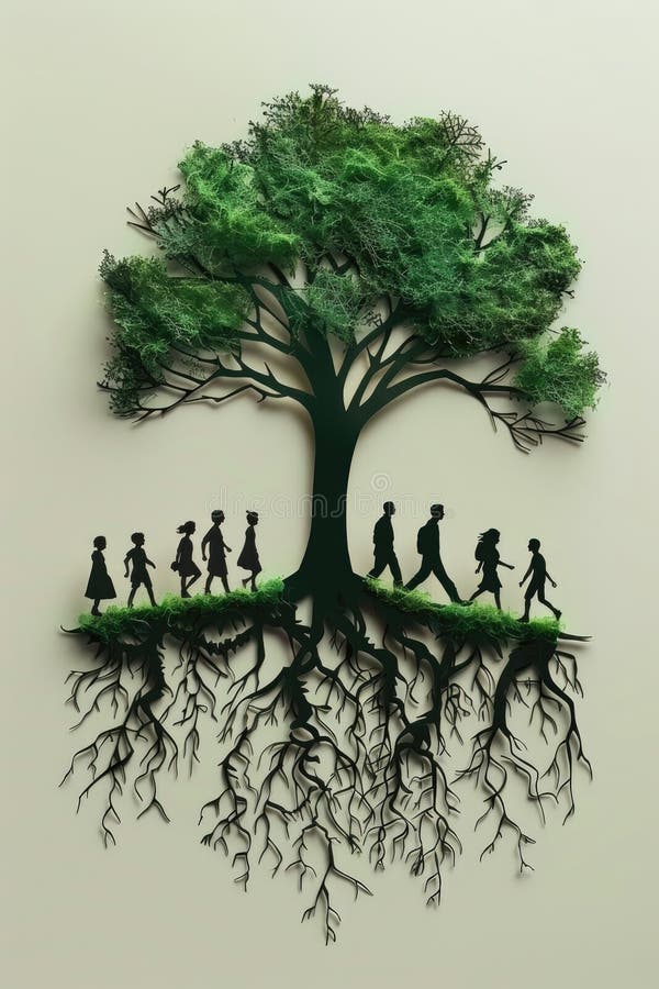 Paper-cut Tree and Human Figures Against Textured Gold Representing ...