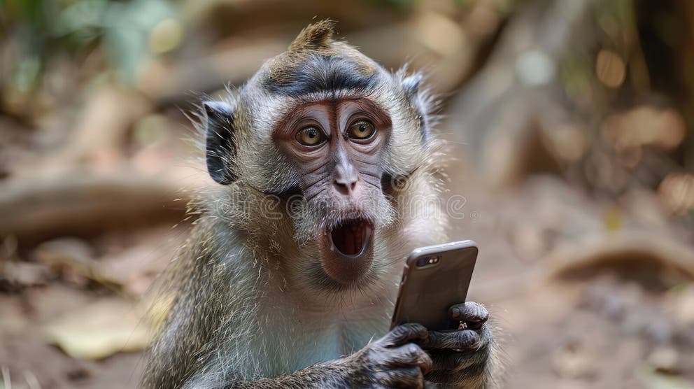 Surprised Monkey with a Smartphone in the Forest. Stock Photo - Image ...